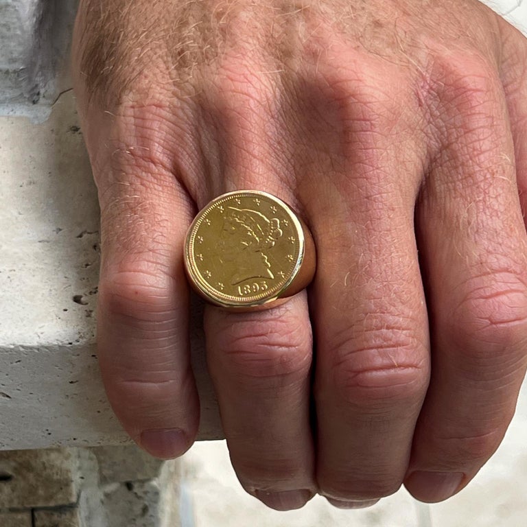 Men's US $5 Gold Coin Ring 14 Karat Yellow Gold Signet Style Vintage ...
