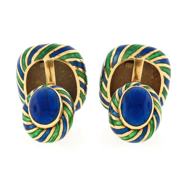 Men's Vintage Daivd Webb 18k Yellow Gold Blue and Green Swirl Enamel ...
