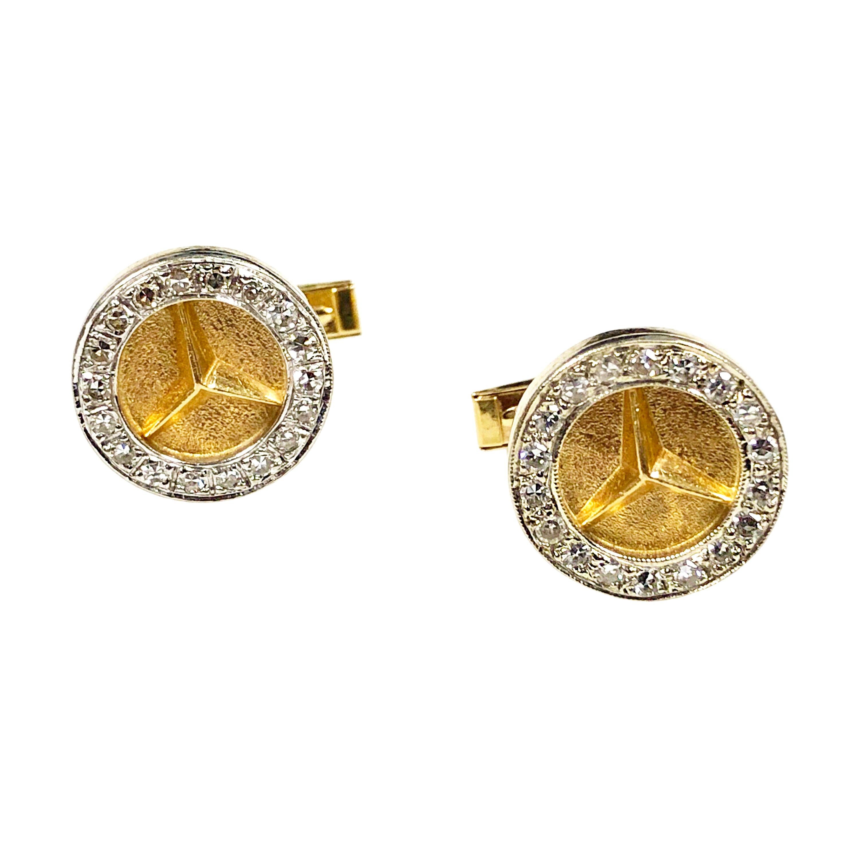 Mercedes Benz Logo Yellow Gold and Diamonds Cufflinks For Sale at ...