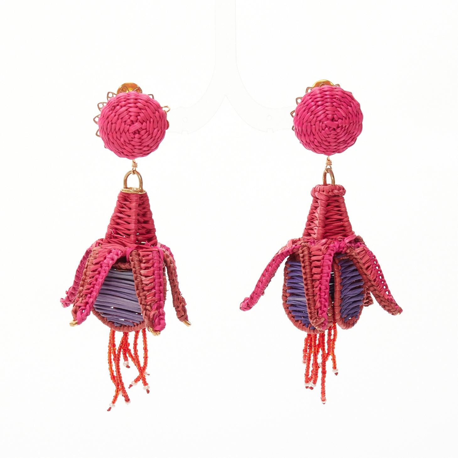 MERCEDES SALAZAR hot pink purple raffia weave bell flower clip on earrings For Sale at 1stDibs
