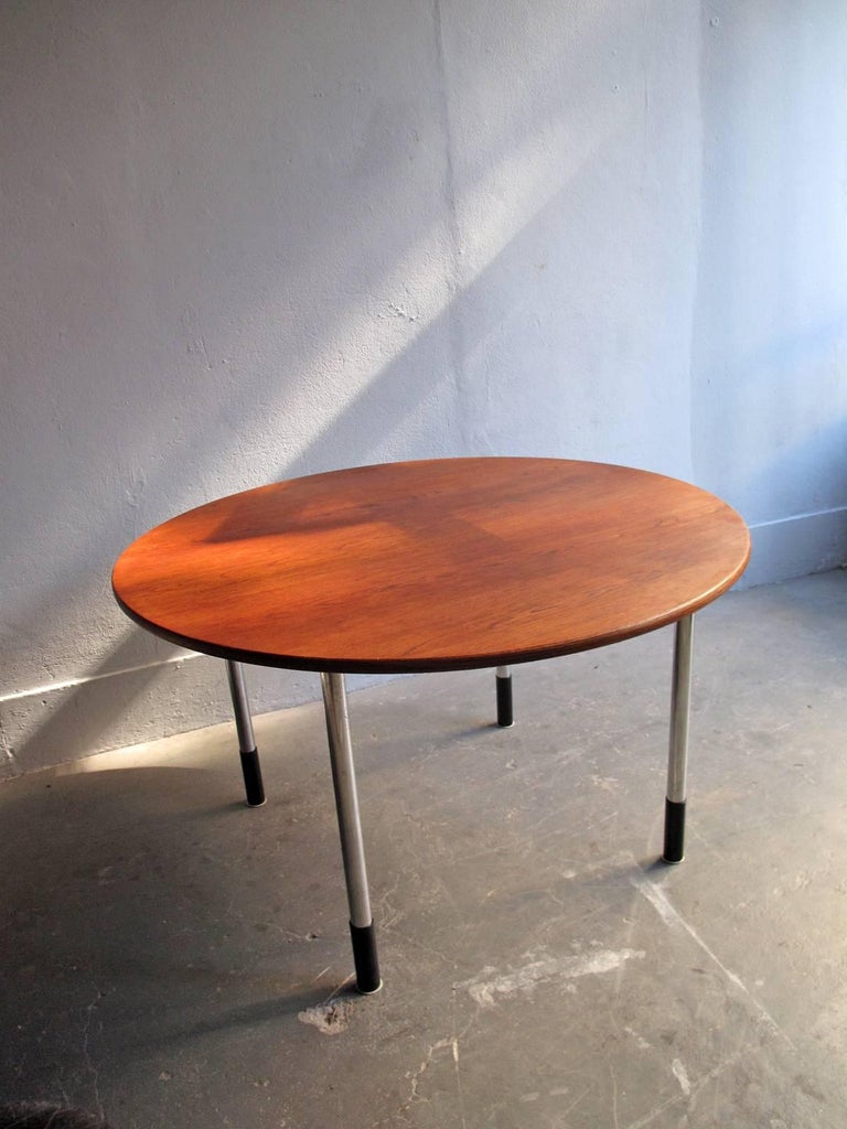 Meredew working round teak top table with height adjustable chrome legs ...