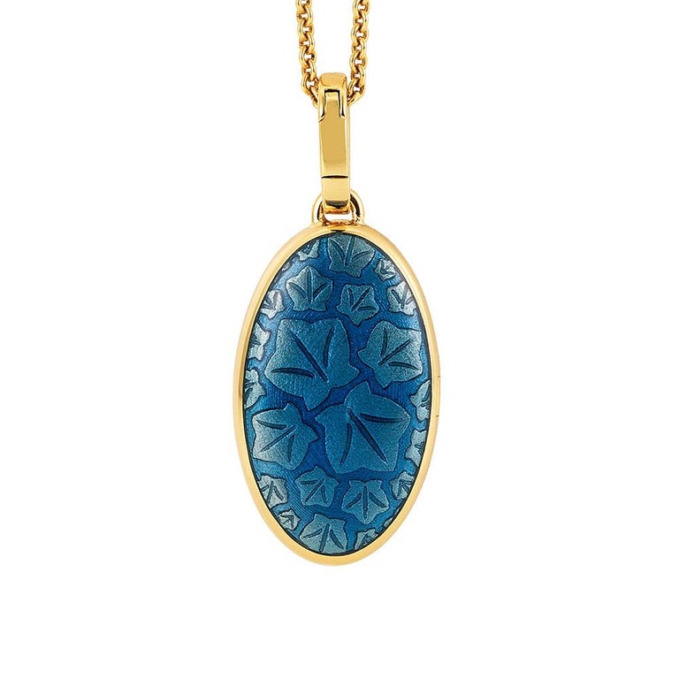 Oval Locket Pendant - 18k Yellow Gold - Blue Vitreous Enamel 43 ...