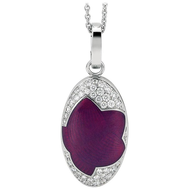 Oval Pendant Locket 18k Yellow Gold Raspberry Enamel 43 Diamonds 0.55 ...