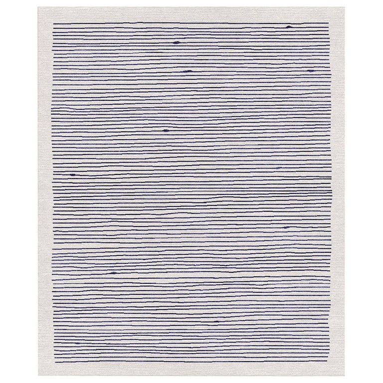 Rug for living room Beige Blue Striped Minimalism Coastal Wool Silk ...