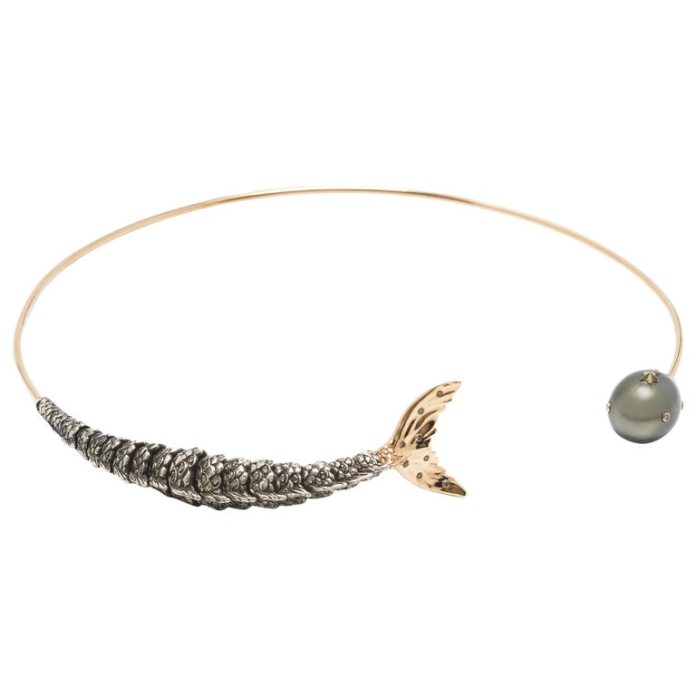 18 Karat rose Gold Diamond Tahitian Pearl Mermaid Choker Necklace For ...