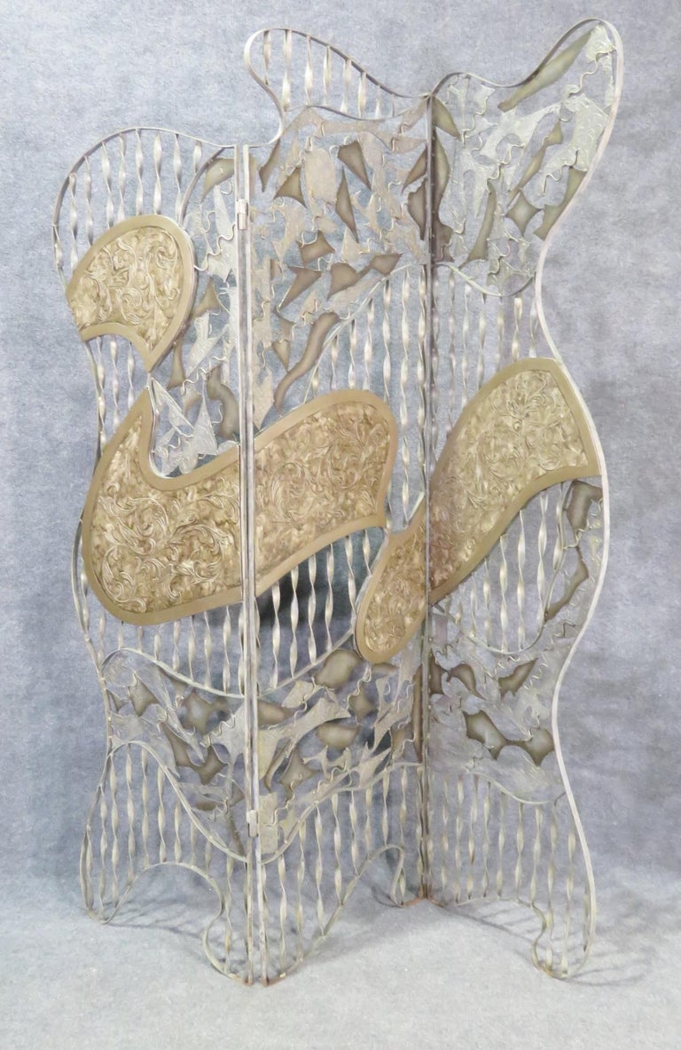 Metal Three Section Screen with Abstract Designs For Sale at 1stDibs