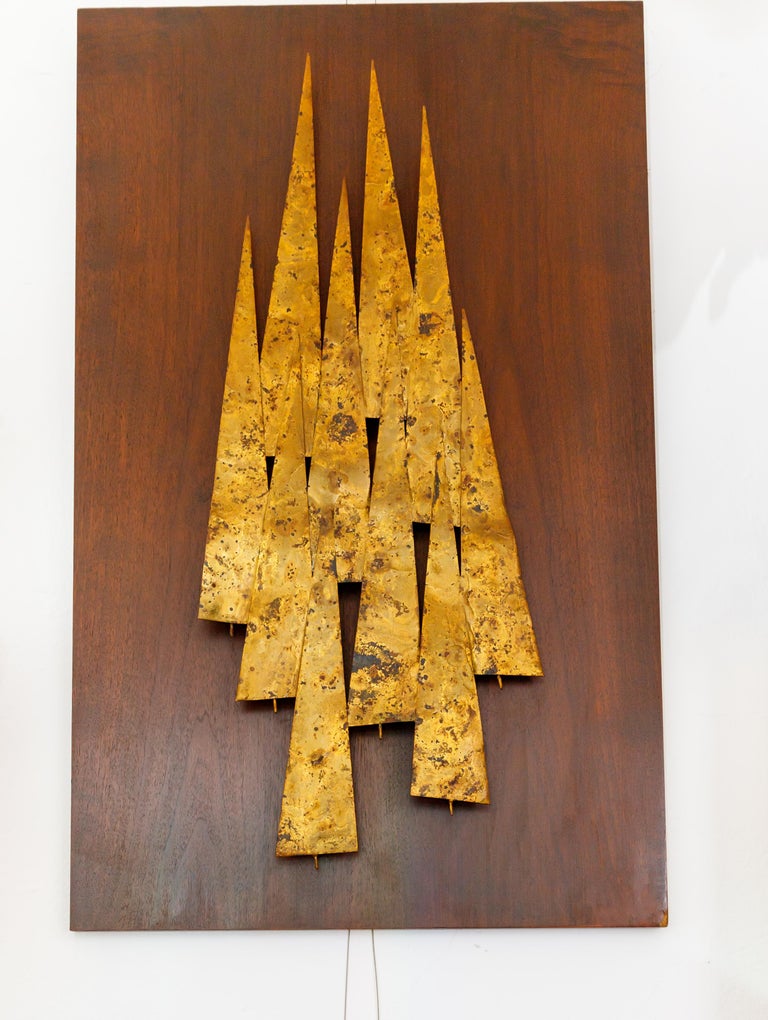 Metal Tree Form Sculpture Mounted on Walnut Plank For Sale at 1stDibs