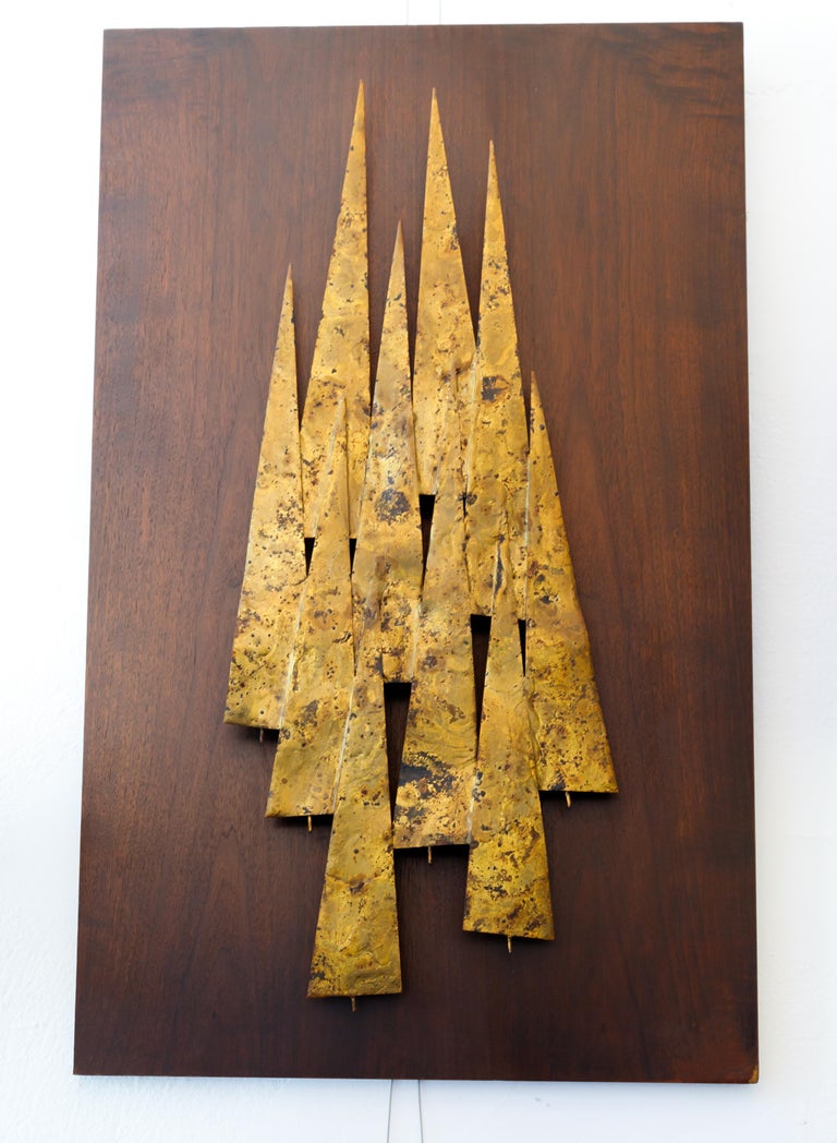 Metal Tree Form Sculpture Mounted on Walnut Plank For Sale at 1stDibs