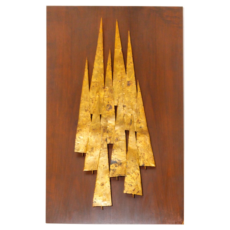 Metal Tree Form Sculpture Mounted on Walnut Plank For Sale at 1stDibs