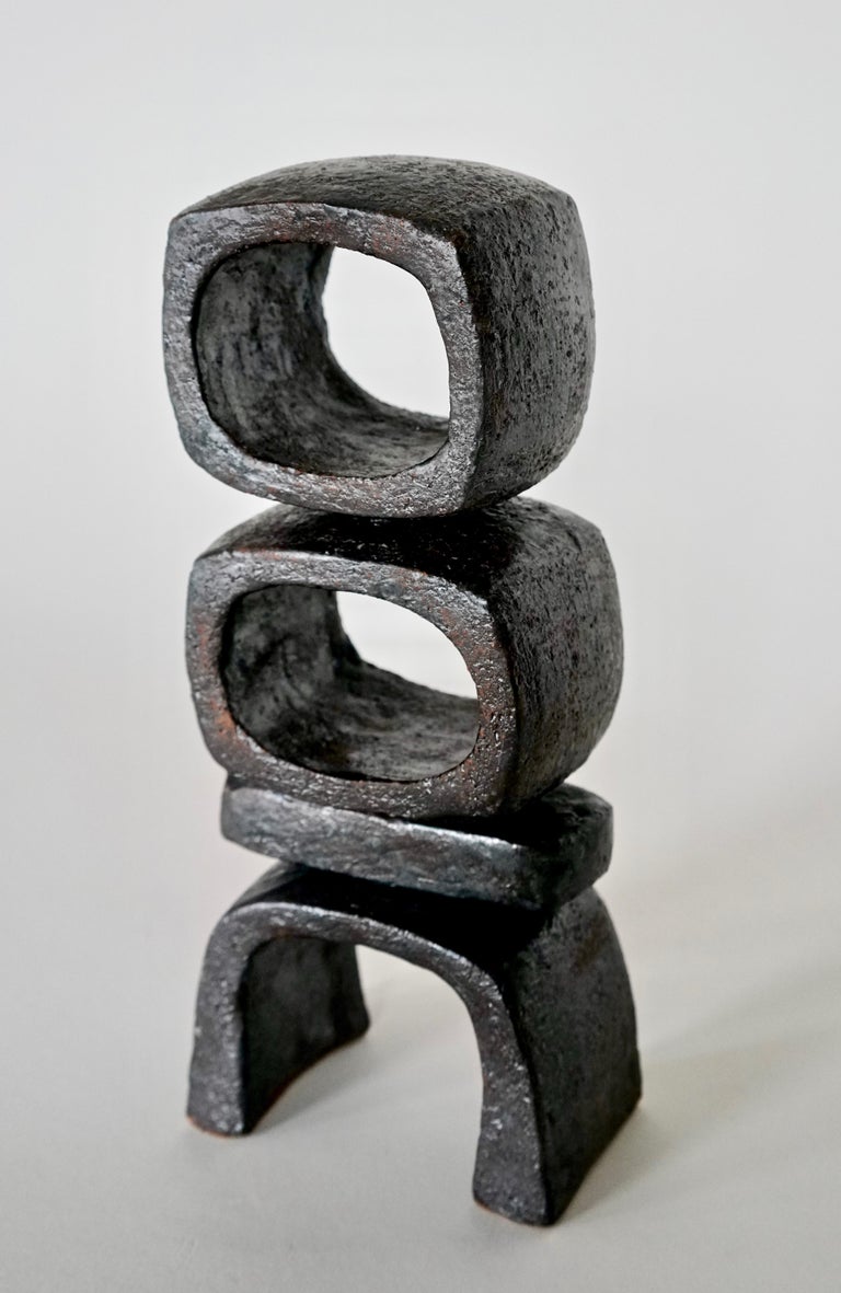 Metallic Brown/Black TOTEM, HandBuilt Ceramic Sculpture, 2 Stacked Rings on Legs For Sale at 1stdibs