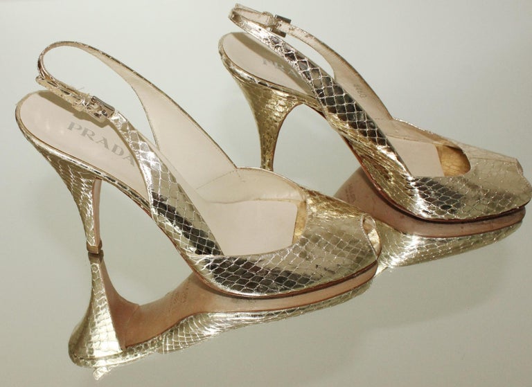 PRADA Gold Metallic Peep Toe High Heels Sling Back Sandals at 1stDibs ...
