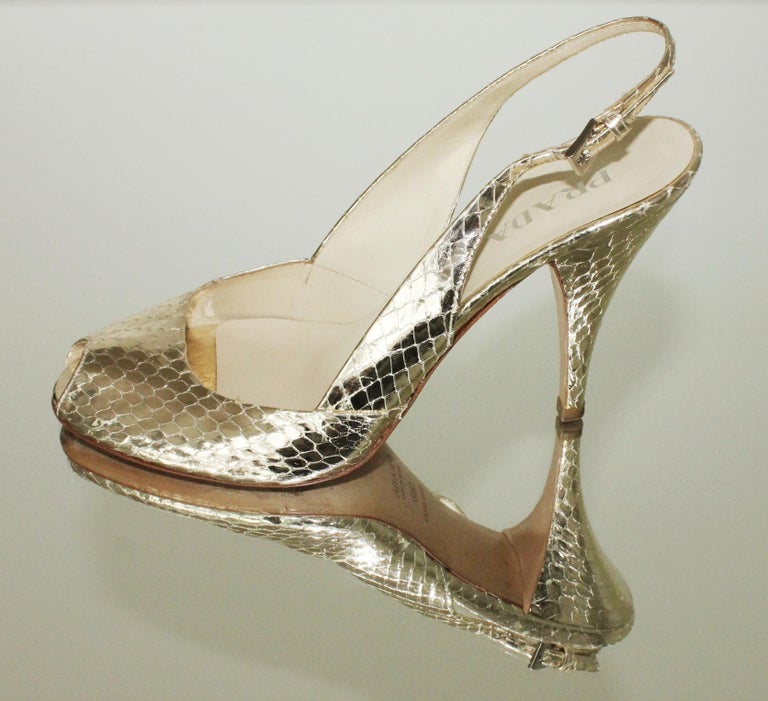 PRADA Gold Metallic Peep Toe High Heels Sling Back Sandals at 1stDibs ...