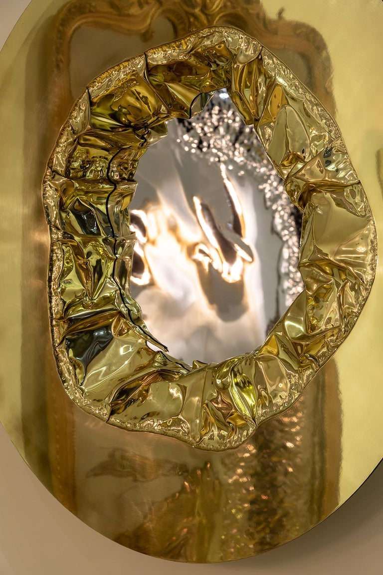 Organic Meteor Gold Mirror, Polished Hammered Brass and Walnut Root ...