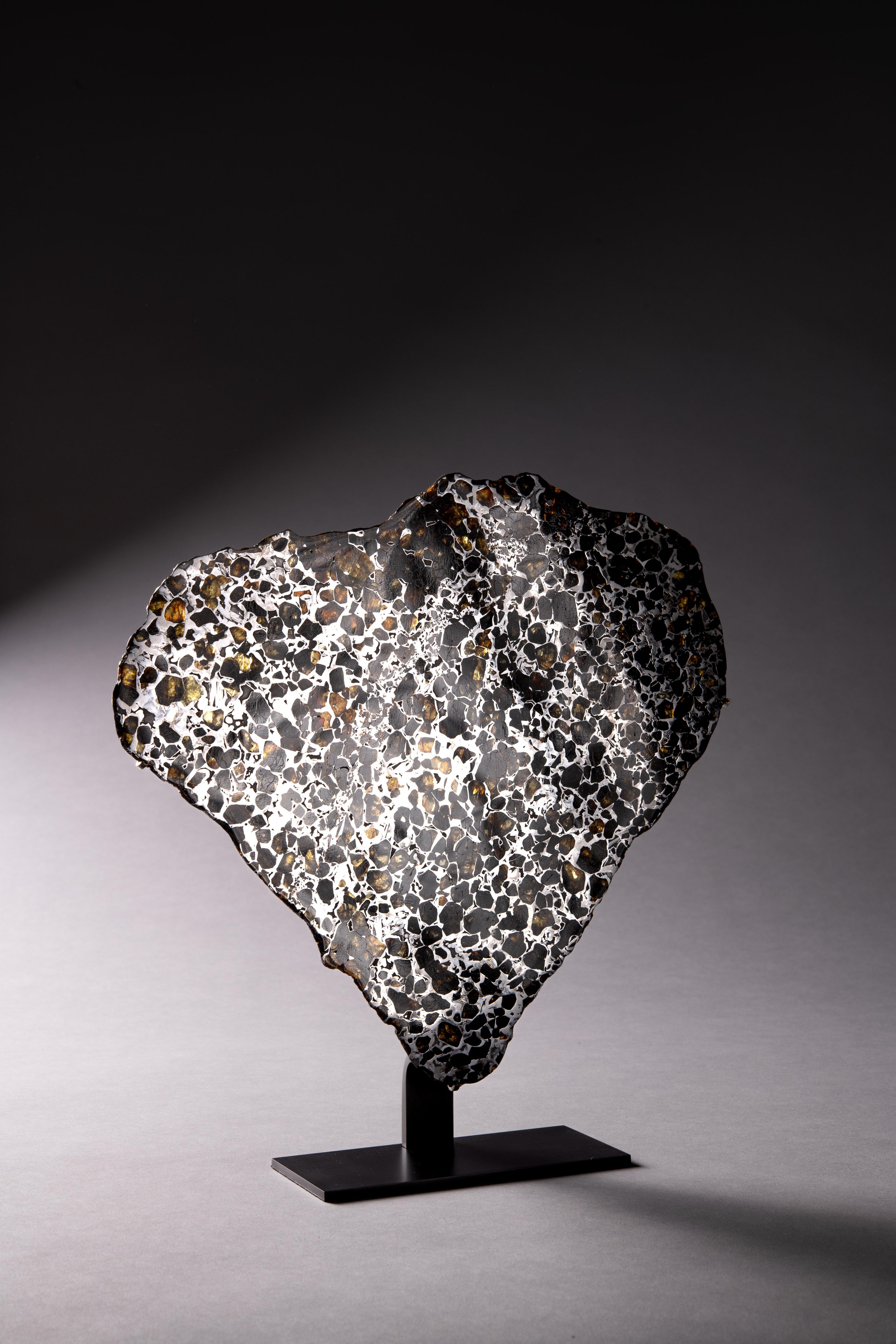 Meteorite Slice with Crystalized Metal and Peridot Gems For Sale at 1stDibs