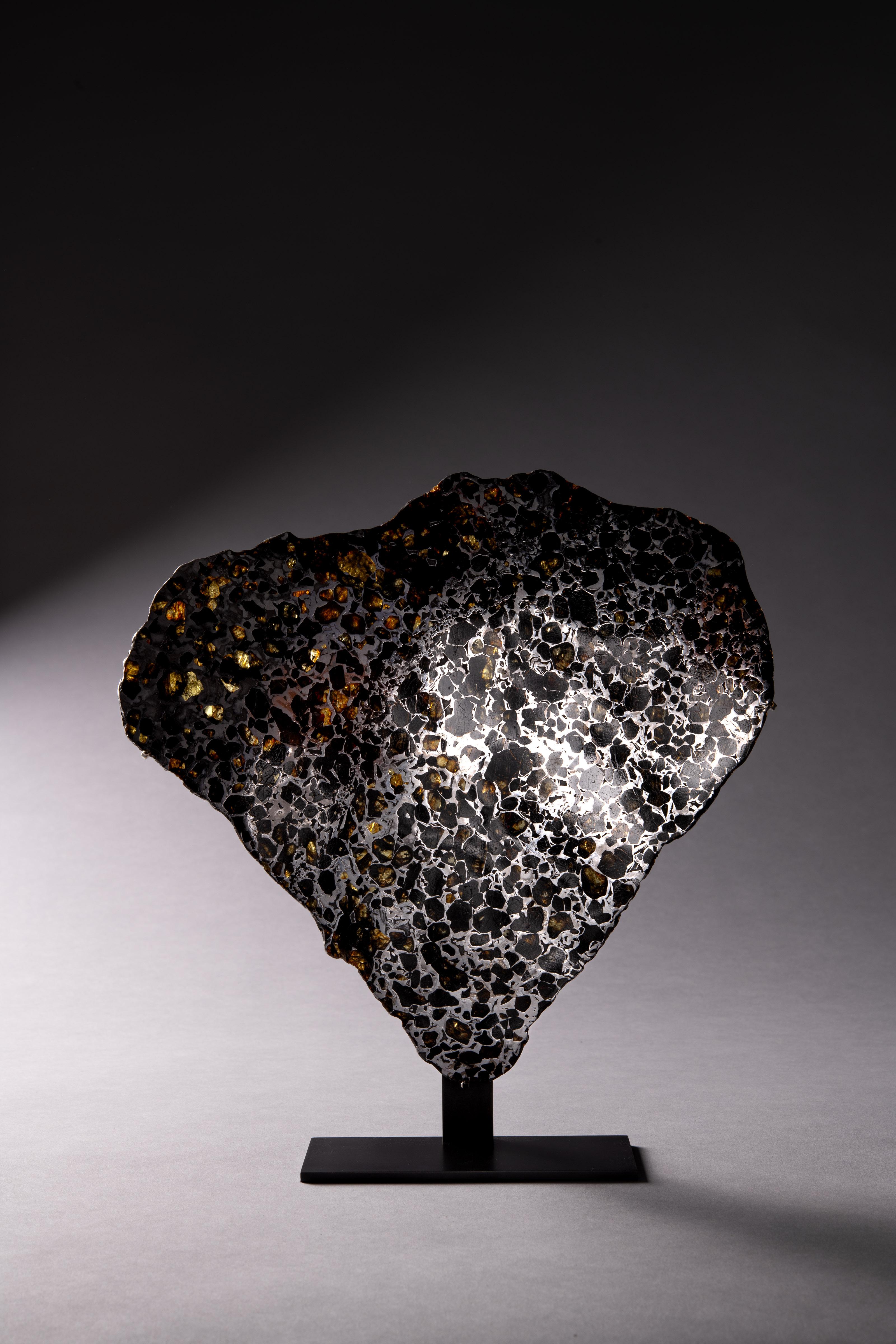 Meteorite Slice with Crystalized Metal and Peridot Gems For Sale at 1stDibs