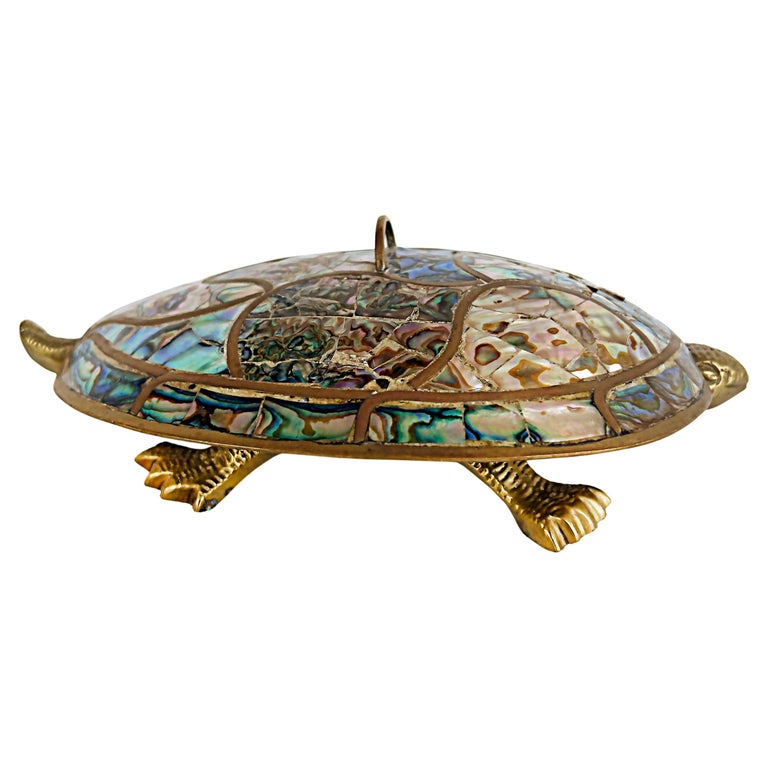 Mexican 1960s Mid-century Abalone Shell Brass Turtle Dish with Cover ...