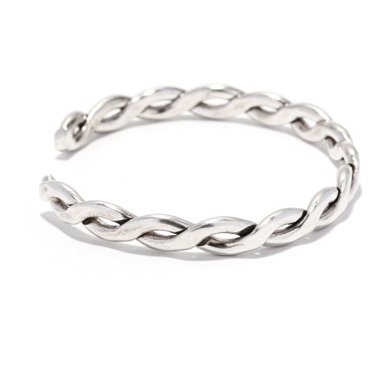 Mexican Braided Cuff Bracelet, Sterling Silver, Thin Cuff For Sale at 1stDibs
