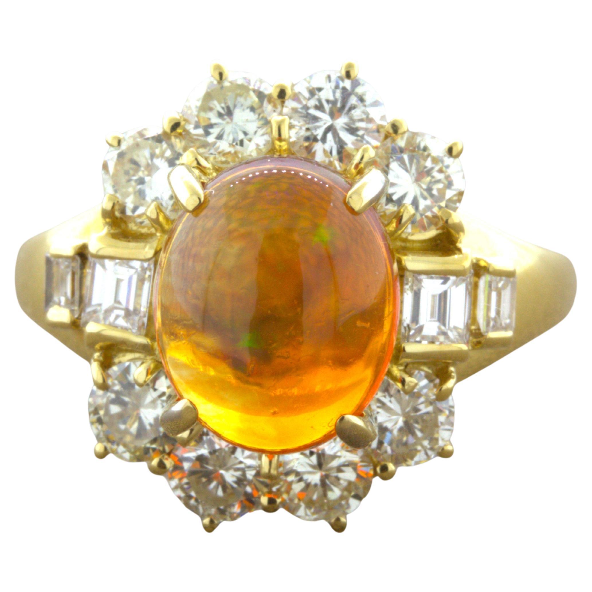 Fire Opal and Diamond Surrounded By 18k Yellow Gold Ring For Sale at ...