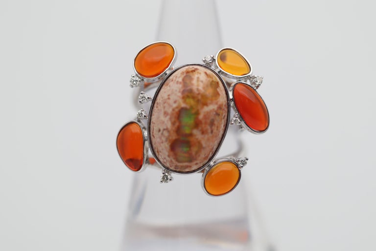 Mexican Fire Opal Diamond Gold Geometric Ring For Sale at 1stDibs