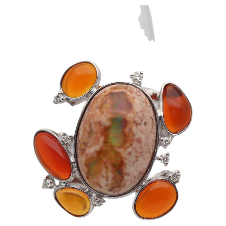 Mexican Fire Opal Diamond Gold Geometric Ring For Sale at 1stDibs