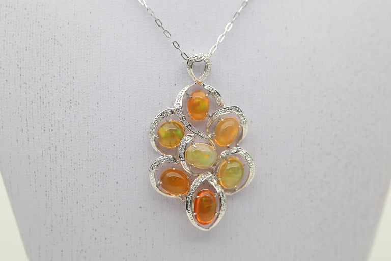 Mexican Fire Opal Diamond Gold Pendant For Sale at 1stDibs