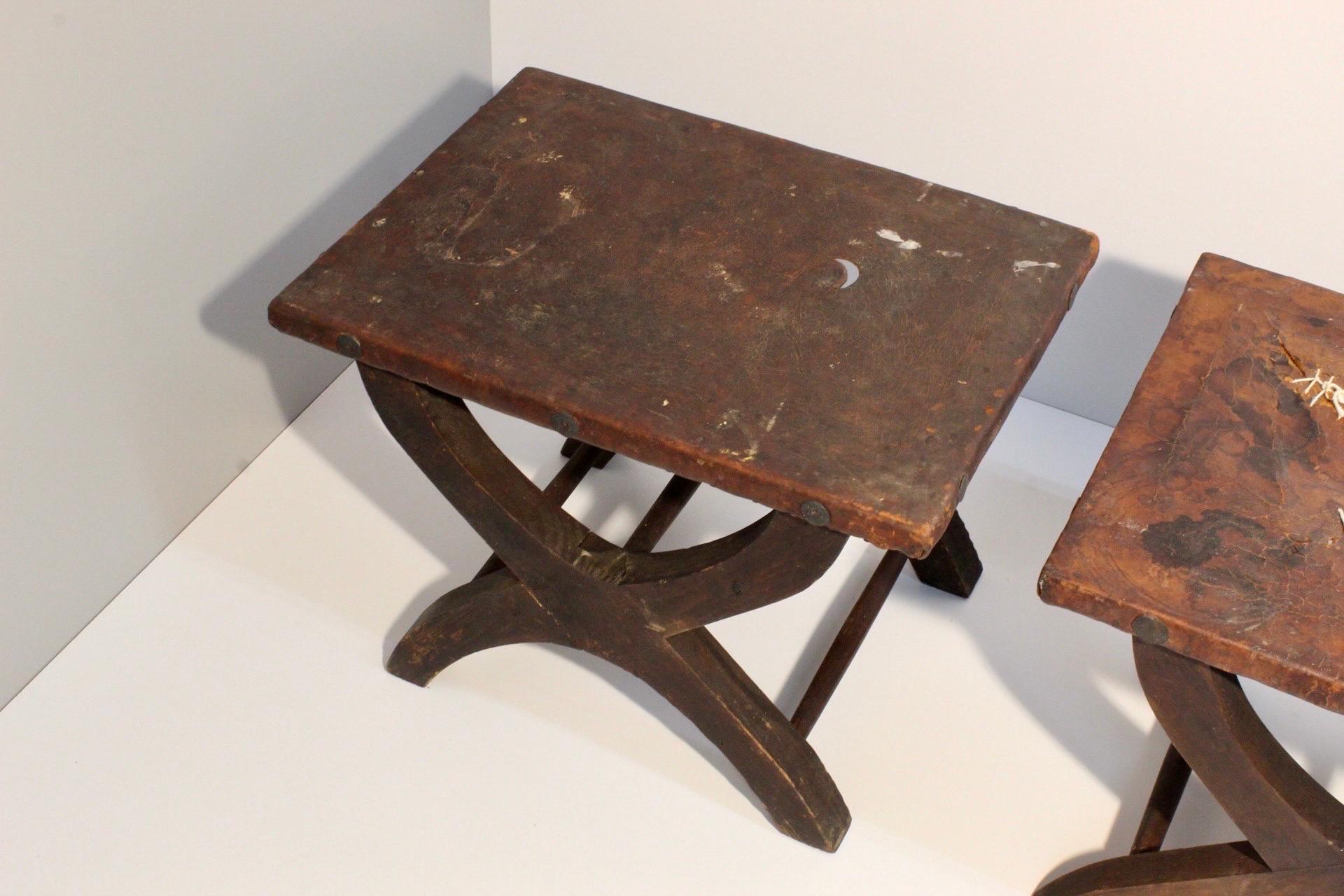 Mexican Foot Stool Ottoman Leather and Wood For Sale at 1stDibs