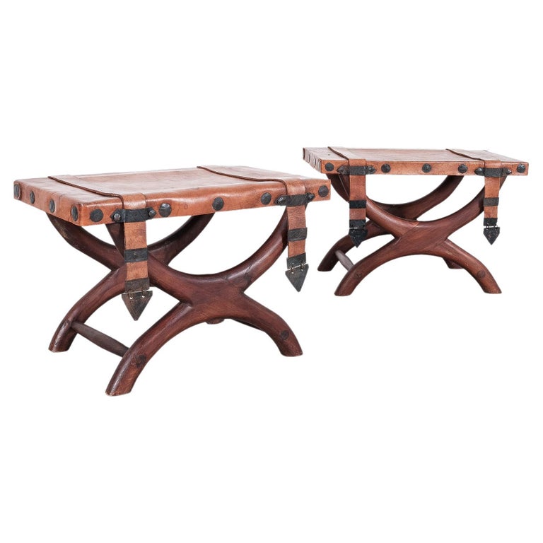 Mexican Foot Stools Ottoman Leather Seat and Straps Clara Porset Style ...