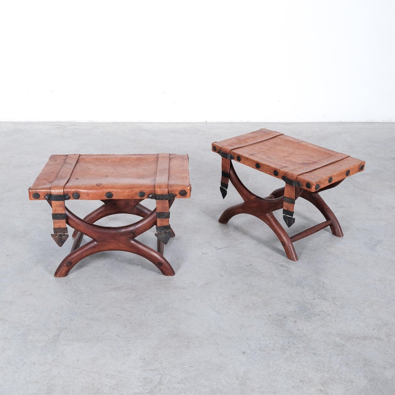 Mexican Foot Stools Ottoman Leather Seat and Straps Clara Porset Style ...