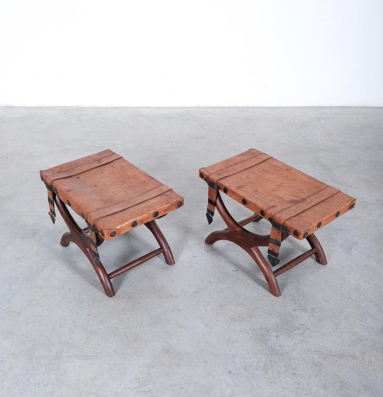 Mexican Foot Stools Ottoman Leather Seat and Straps Clara Porset Style ...