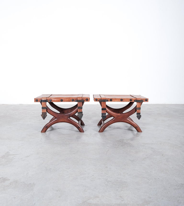 Mexican Foot Stools Ottoman Leather Seat and Straps Clara Porset Style ...