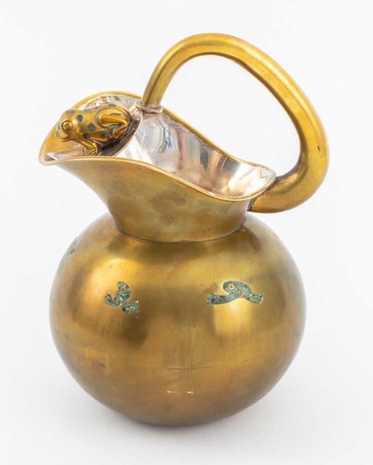 Mexican Mixed Metal Stone Inlaid Pitcher with Frog For Sale at 1stDibs