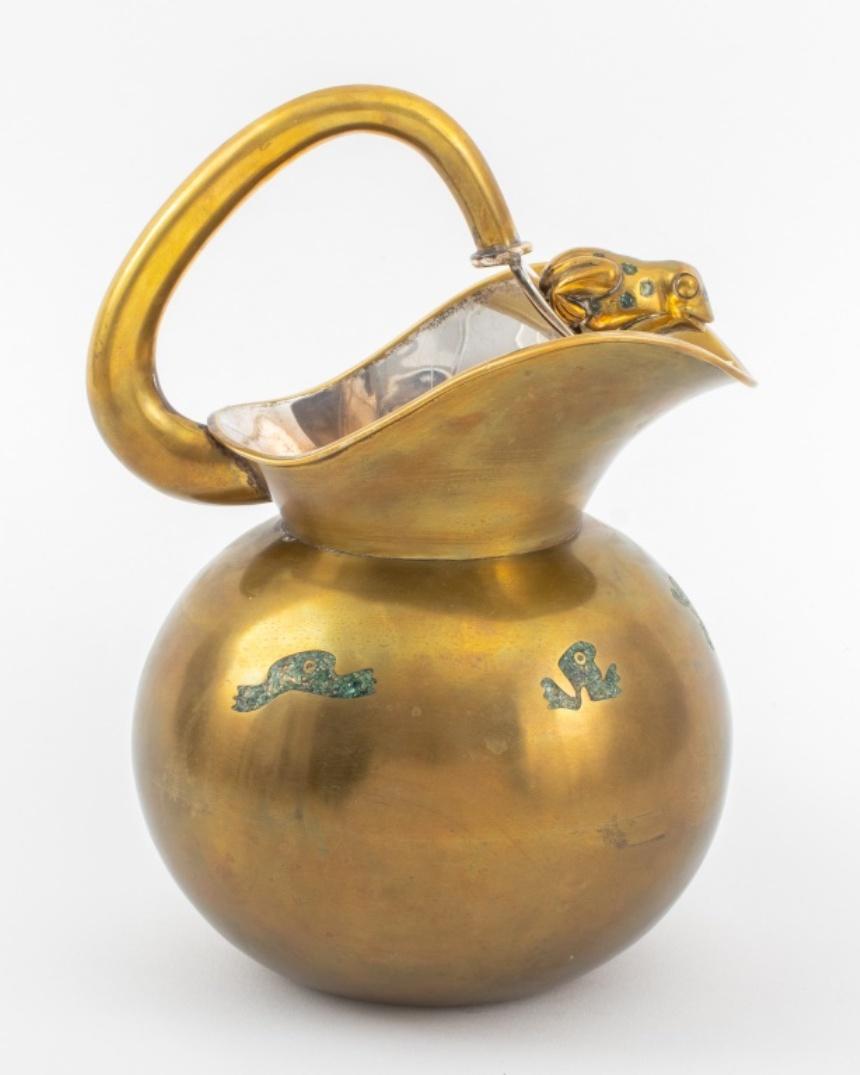 Mexican Mixed Metal Stone Inlaid Pitcher with Frog For Sale at 1stDibs
