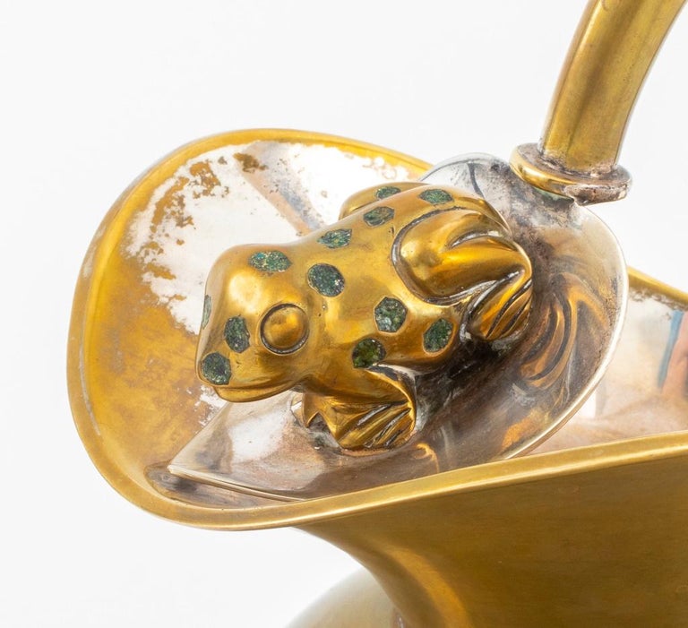 Mexican Mixed Metal Stone Inlaid Pitcher with Frog For Sale at 1stDibs