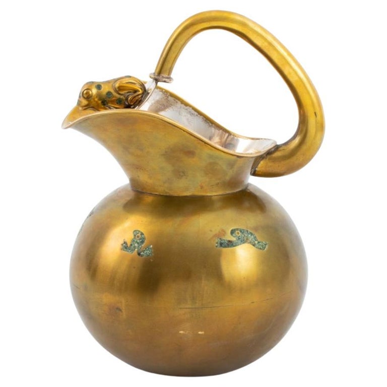 Mexican Mixed Metal Stone Inlaid Pitcher with Frog For Sale at 1stDibs