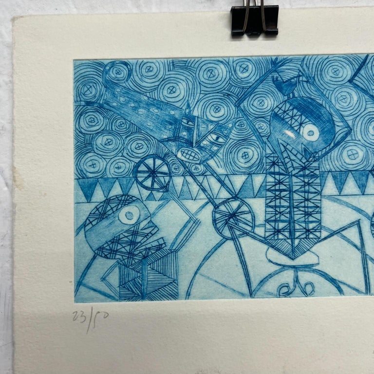 Mexican Modern Art Woodblock Print 23/50 Blue Drawing 6 Oaxaca, Mexico ...
