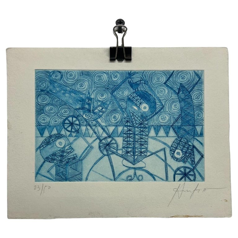 Mexican Modern Art Woodblock Print 23/50 Blue Drawing 6 Oaxaca, Mexico ...