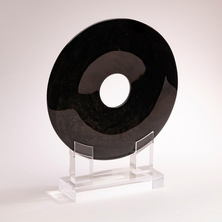 Mexican Obsidian with Gold Shine Disk Sculpture on Custom Acrylic Base ...