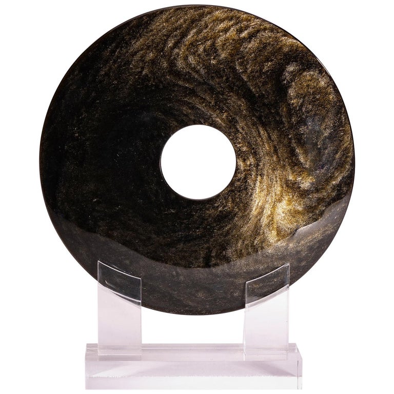 Mexican Obsidian with Gold Shine Disk Sculpture on Custom Acrylic Base ...