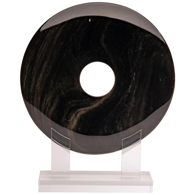 Mexican Obsidian with Gold Shine Disk Sculpture on Custom Acrylic Base ...