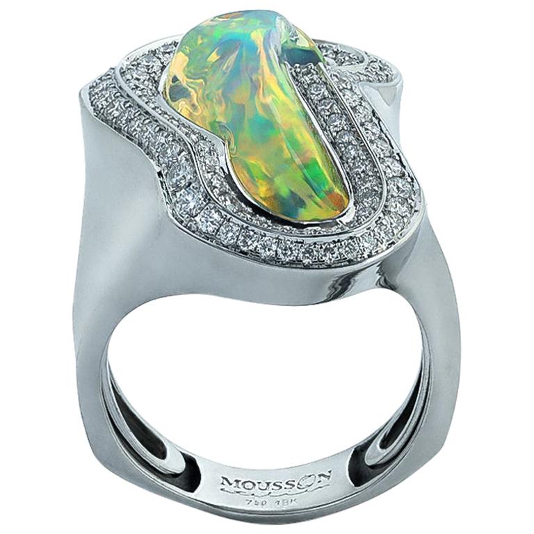 Mexican Opal 5.17 Carat Diamonds One of a Kind 18 Karat White Gold Ring ...