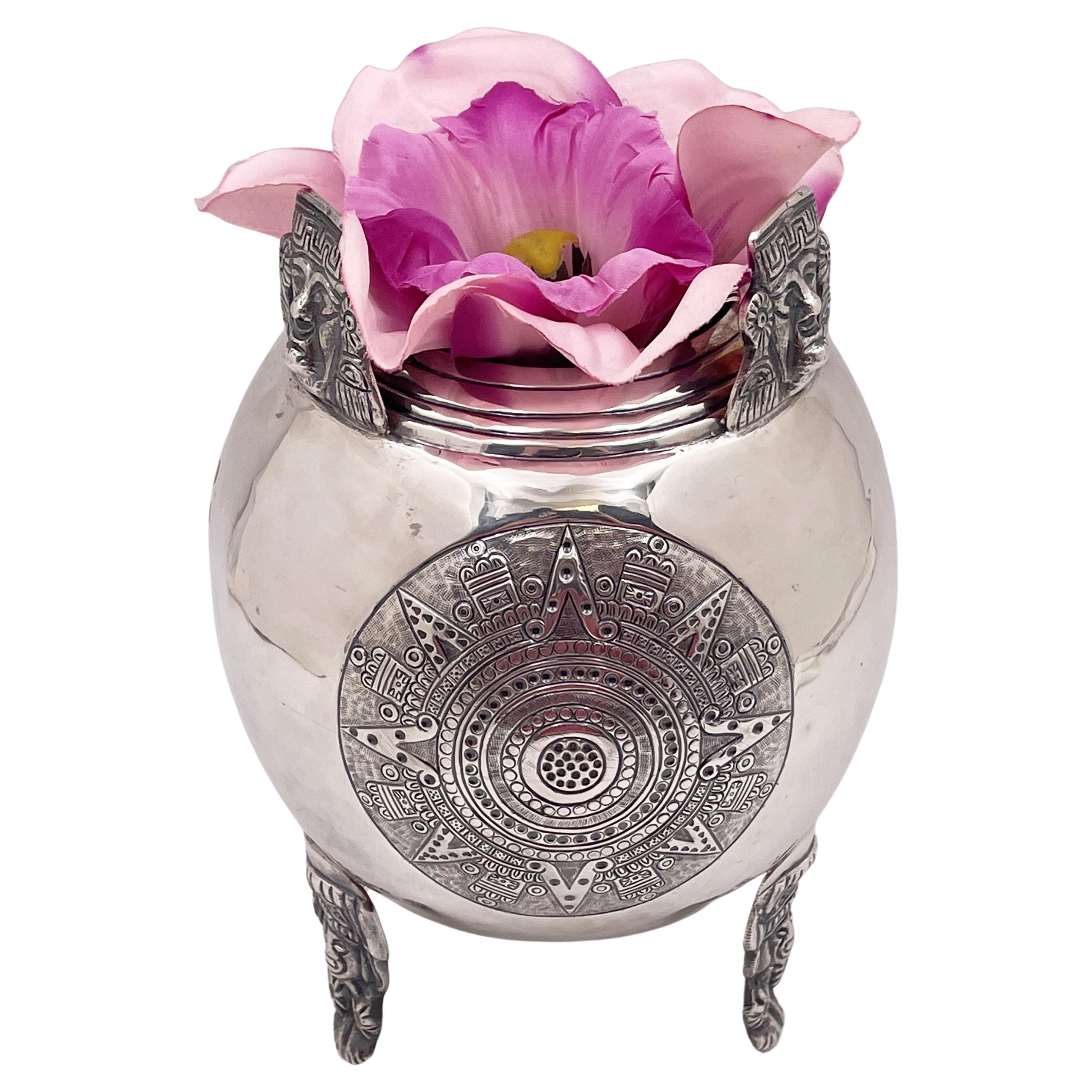 1940 Mexican Hand Painted Ceramic Aztec Revival Vase For Sale at 1stDibs