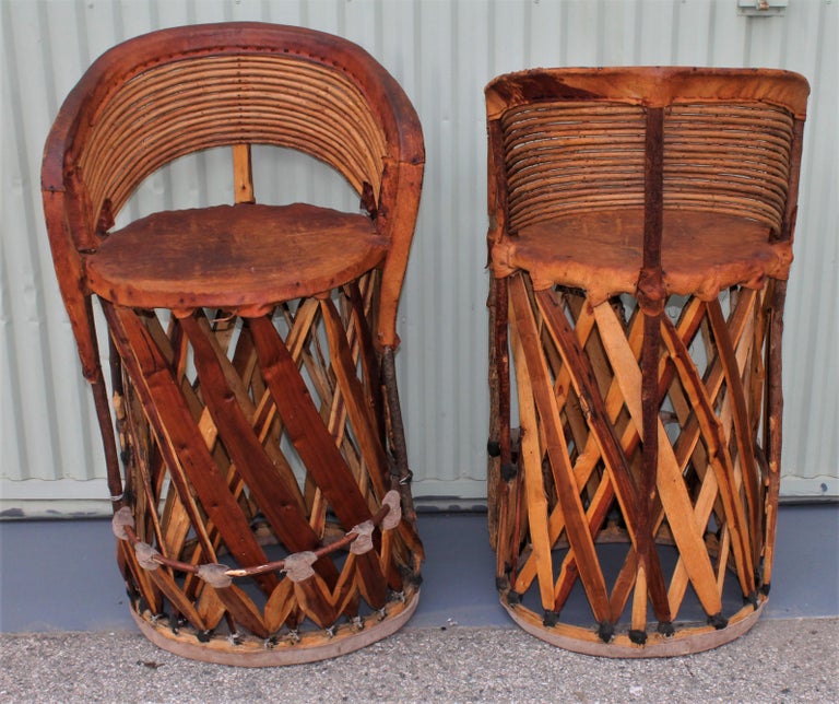 Mexican Tlaquepaque Bar Stools In Leather And Wood Pair At 1stdibs Mexican Bar Stools