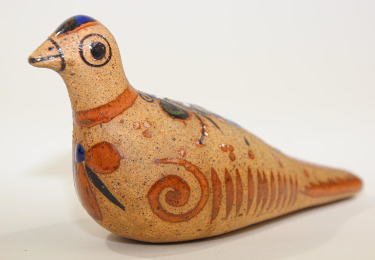 Mexican Tonala Pottery Hand Painted Bird Folk Art For Sale at 1stDibs