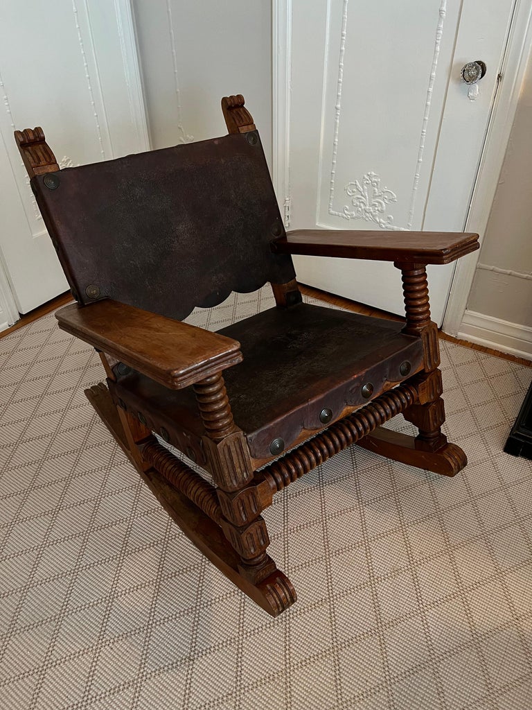 Mexican Venadillo Wood, Leather and Bronze Rocking Chair circa 1940 For ...