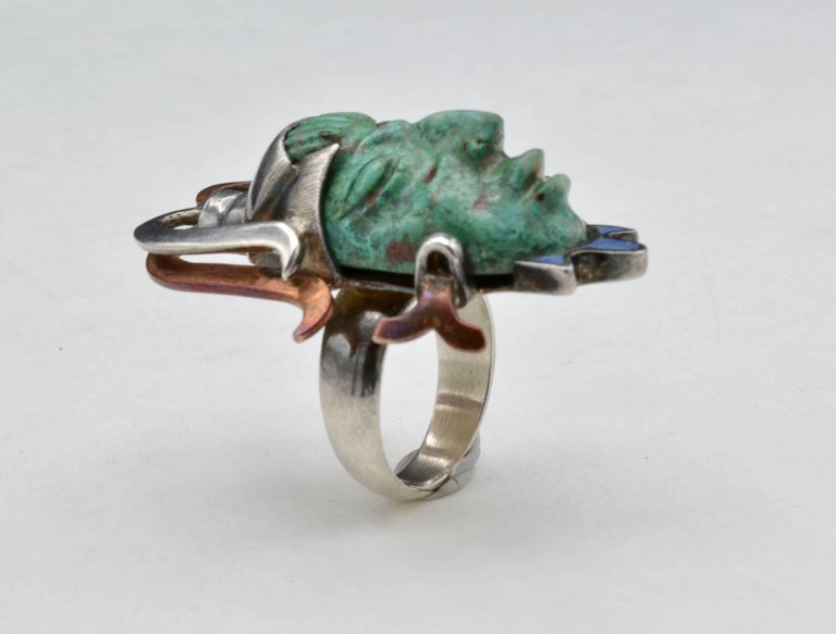 Mexico Silver Ring Yucatan Divinity Face Turquoise Curve at 1stDibs ...
