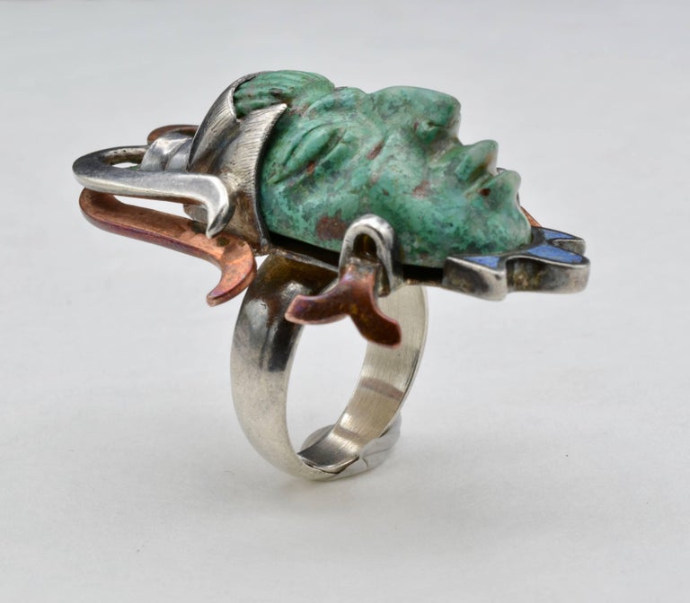 Mexico Silver Ring Yucatan Divinity Face Turquoise Curve at 1stDibs ...