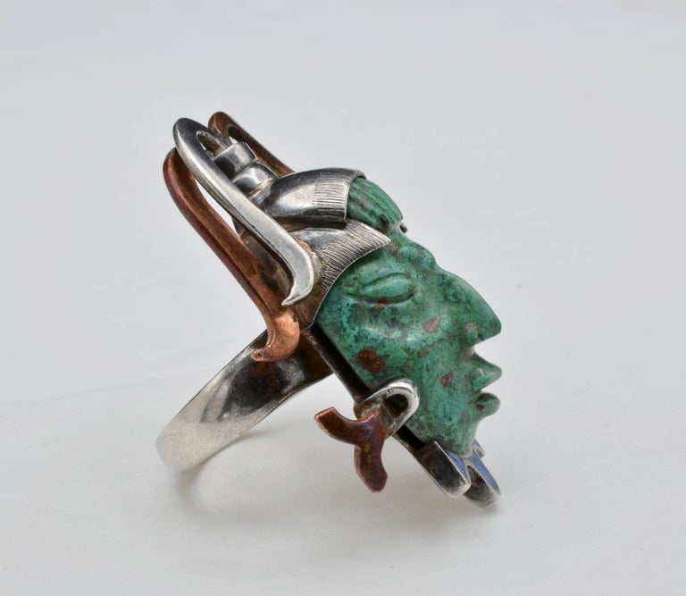 Mexico Silver Ring Yucatan Divinity Face Turquoise Curve at 1stDibs ...