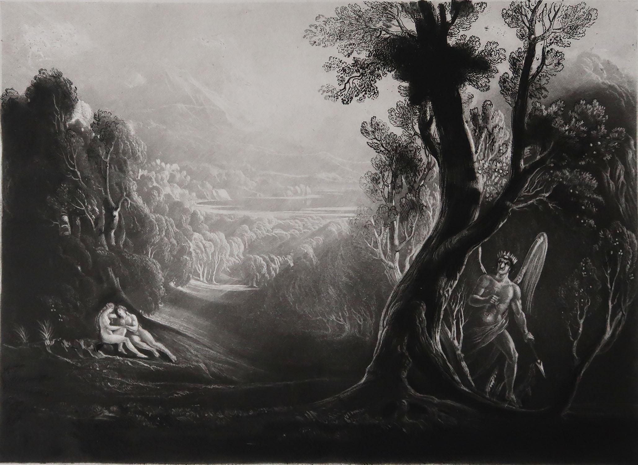 Mezzotint by John Martin, Satan Contemplating Adam and Eve, Washbourne, 1853 at 1stDibs