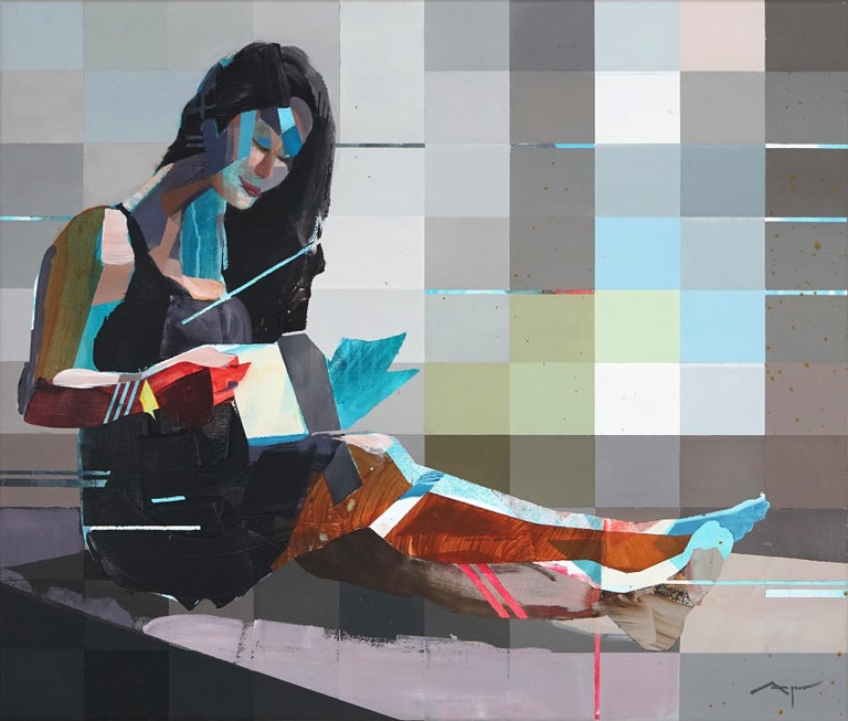 Michael Azgour - Jennifer reading- blue grey abstract and figurative ...