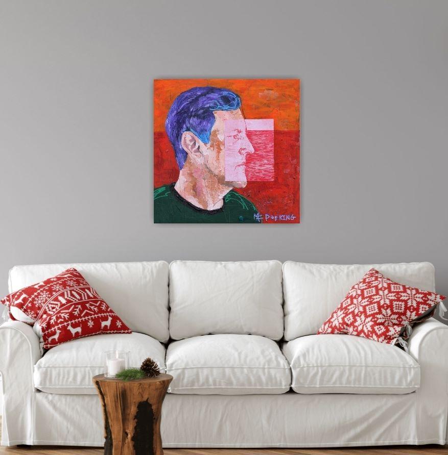 Michael Doering - Autorretrato con fondo rojo y naranja y xilografía ...